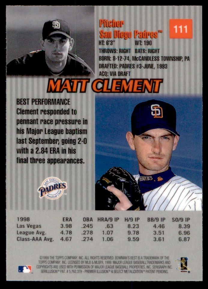 1999 BOWMAN'S BEST MATT CLEMENT SAN DIEGO PADRES #111 | eBay