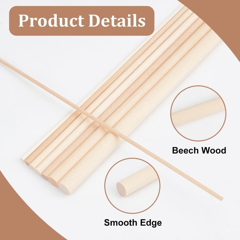 42Pieces Wooden Dowels Various Sizes Round Dowel Rods Beech Wood Sticks ...