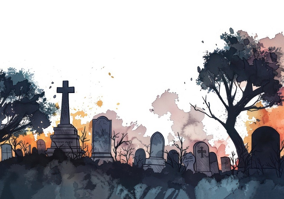 Gothic Cemetery Graveyard Watercolour Painting Illustration A4 Wall Art ...