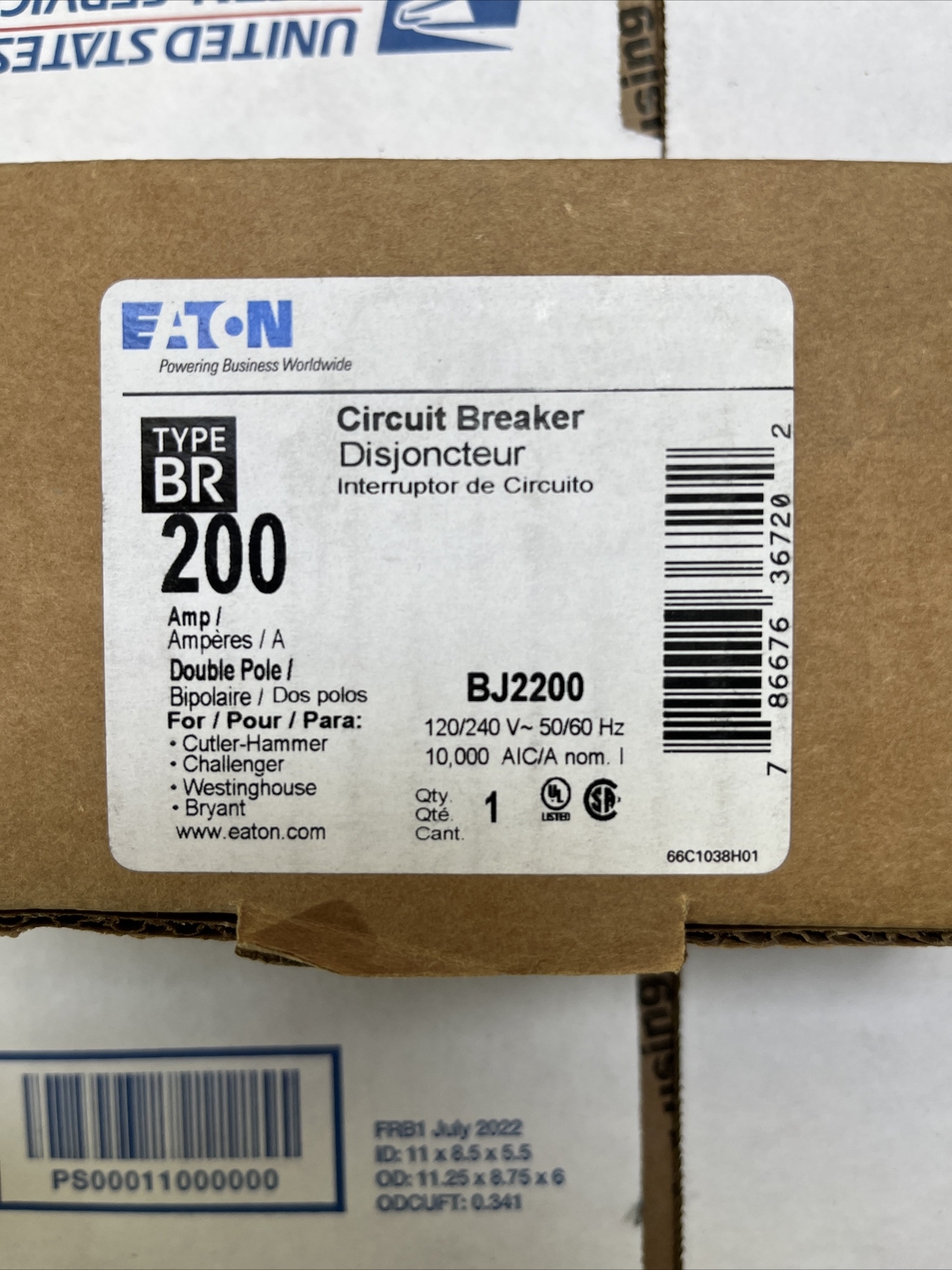 Eaton BJ2200 2 Pole 200 Amp 240Vac Plug-On Main Circuit Breaker for ...