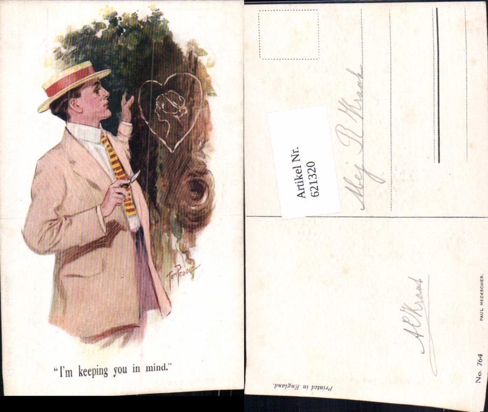 621320,tolle Künstler AK Tom Peddie Mann Hut ritzt Herz in Baumrinde ...