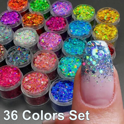 36 Pcs Mix Color Glitter Dust Powder Set For Nail Art Acrylic Tips ...
