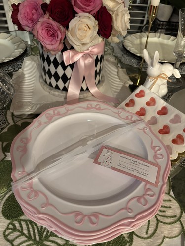 Cupcakes and Cashmere Set of 4 Melamine Dinner Plates Pink Bows Ribbons ...