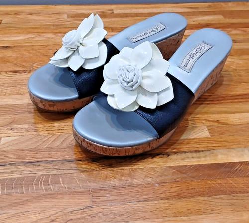 Brighton Helena Black/Ivory Leather Flower Cork Wedge Slides Sandals ...