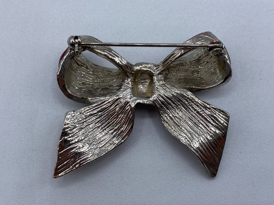 D8-1614 VINTAGE BROOCH SILVER PIN 1.75" ENAMEL RED RHINESTONE BOW | eBay