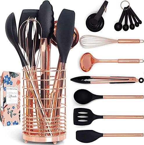 Black & Copper Kitchen Utensils With Copper Utensil Holder 17pc Set ...