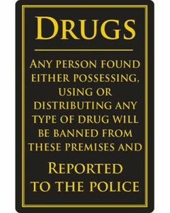 No Drugs Sign Policy Notice Anti Drugs Warning Black 260x170 Pub Bar ...