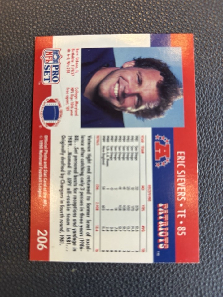 1990 PRO SET ERIC SIEVERS #206 NEW ENGLAND PATRIOTS NFL football ...