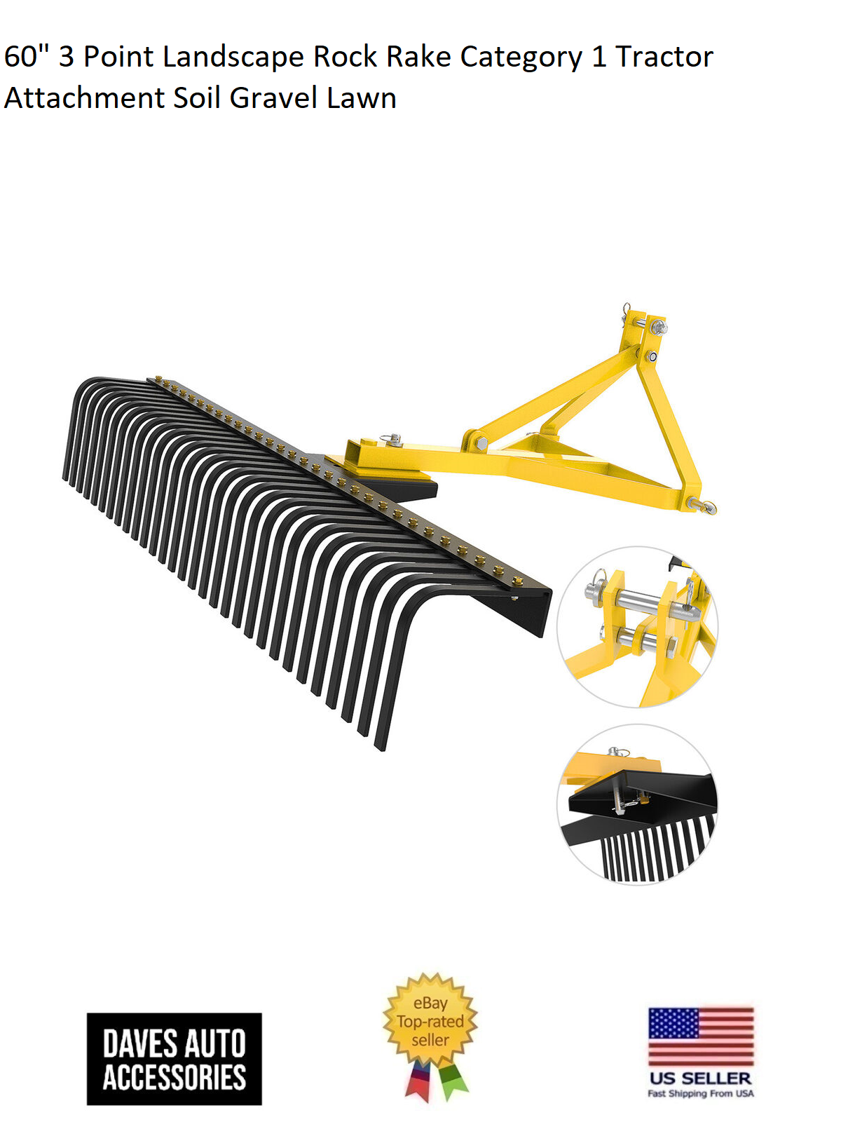 60" 3 Point Landscape Rock Rake Category 1 Tractor Attachment Soil ...