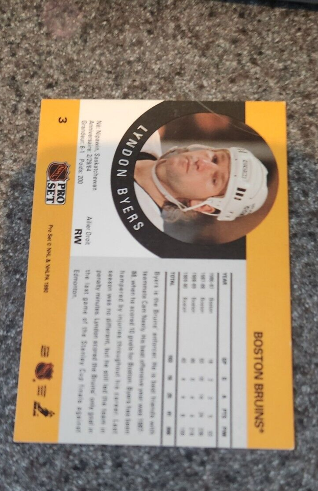 1990-91 Pro Set #3 Lyndon Byers Boston Bruins Rookie Hockey Card signed ...