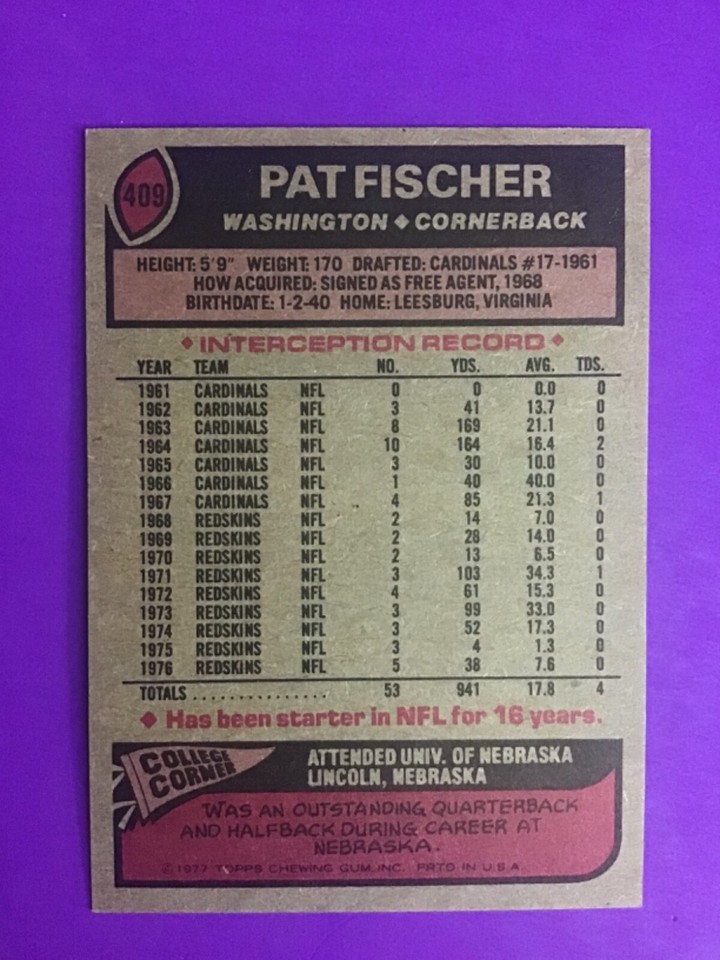 1977 TOPPS FOOTBALL SET BREAK CARD # 409 Pat Fischer NM/MT | eBay