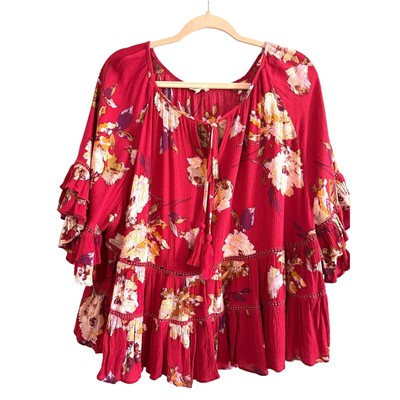 ODDY Boho Ruffle Floral Raspberry Pink Loose Top Shirt Blouse - Sz M/L ...