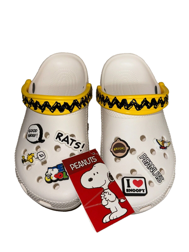 Peanuts Snoopy Crocs Classic Clogs White/ Yellow with jibbit charms ...