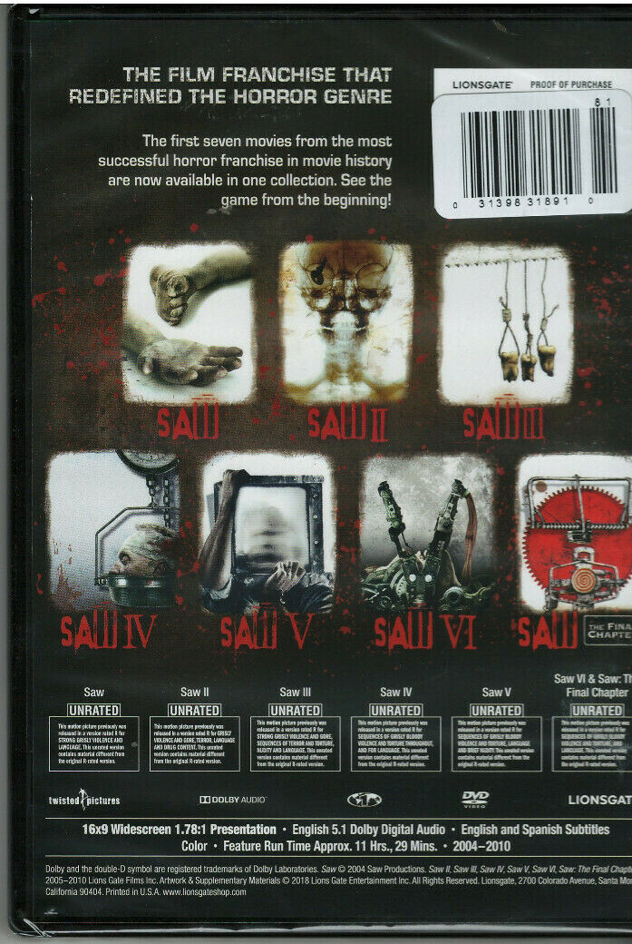 SAW 7 FILM COMPLETE UNRATED COLLECTION (DVD, 2010, 4-Disc Set) NEW ...
