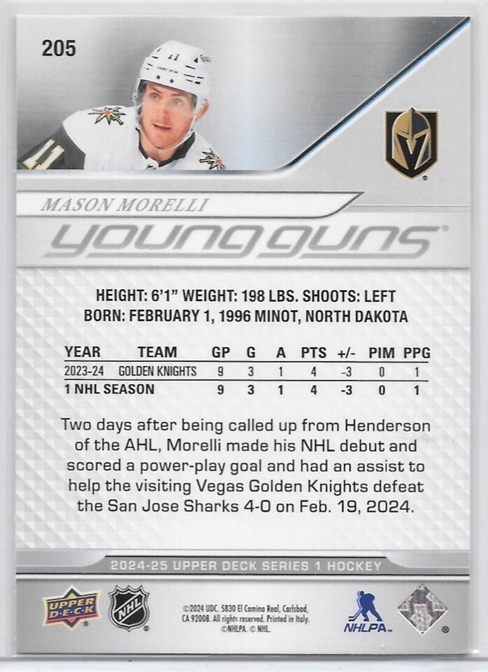 MASON MORELLI 2024-25 UPPER DECK # 1 YOUNG GUNS RC/USA/HENDERSON/GOLDEN ...