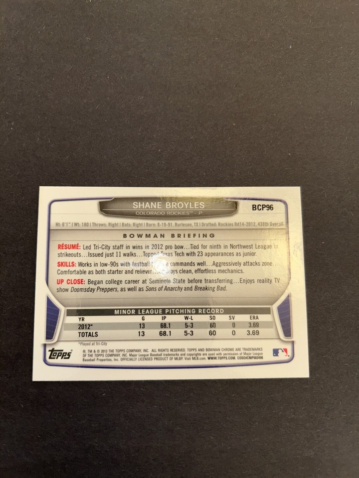 2013 TOPPS BOWMAN CHROME BASEBALL CARD SHANE BROYLES #BCP96 COLORADO ...