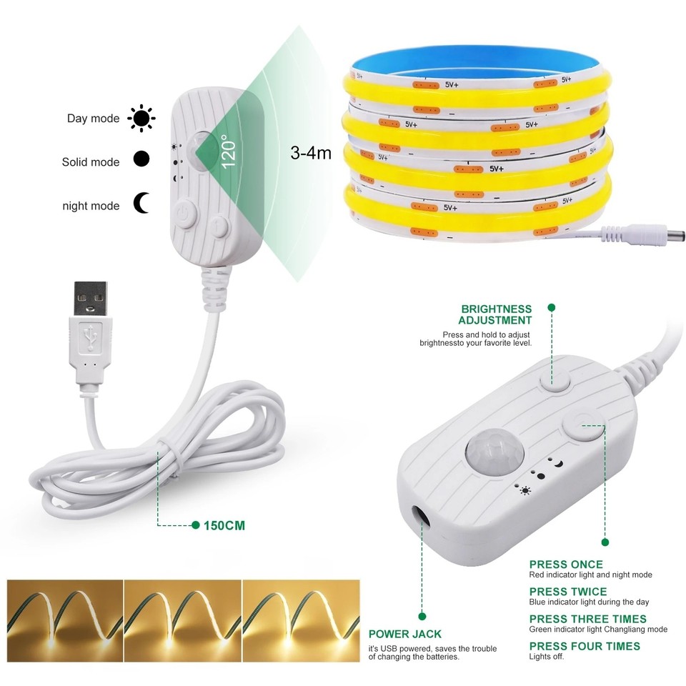 PIR Motion Sensor COB LED Strip Light 5V USB Battery Powered 320LED/m ...