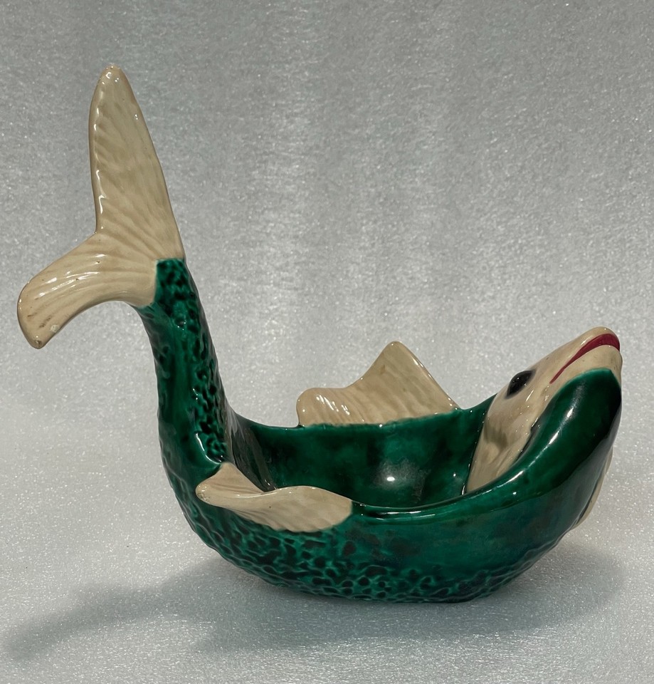 Vintage Ceramic Fish Decorative Bowl Green & Tan Glazed Pottery ...