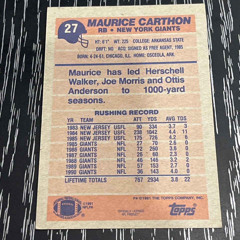 1991 Topps #27 Maurice Carthon New York Giants Football Card | eBay