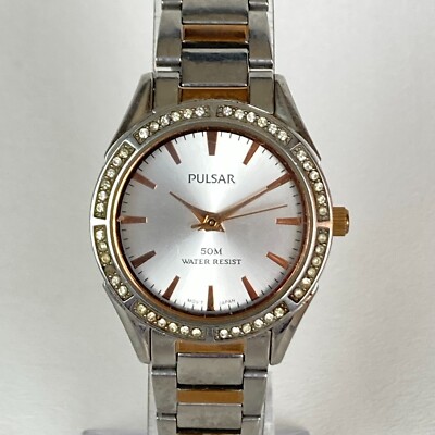 Pulsar Watch Women 28mm Silver Rose Gold Tone Pave Bezel Bling New ...