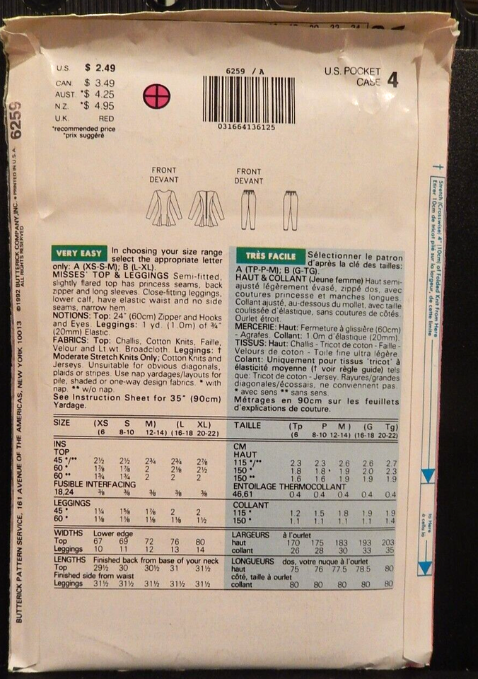 Butterick See&Sew 6259 misses' top and leggings pattern size 6-14 uncut ...