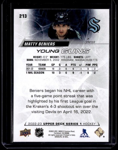 2022-23 Upper Deck Series 1 - Young Guns Matty Beniers #213 Speckled ...