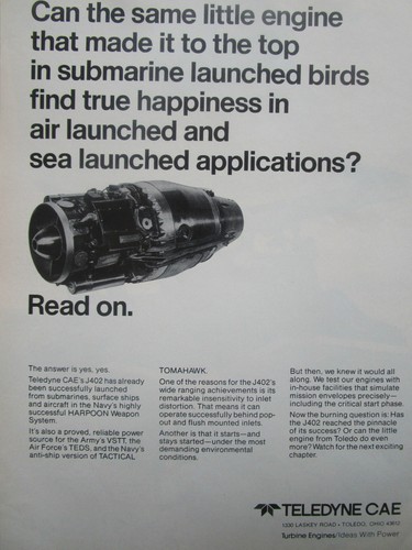 2/1977 PUB TELEDYNE CAE TURBINE ENGINES HARPOON MISSILE J402 TURBOJET ...