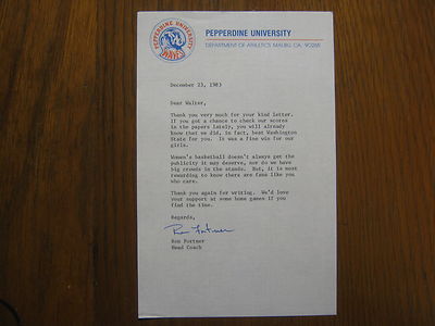 RON FORTNER Signed 1983 Letter PEPPERDINE Women's Basketball Head Coach ...