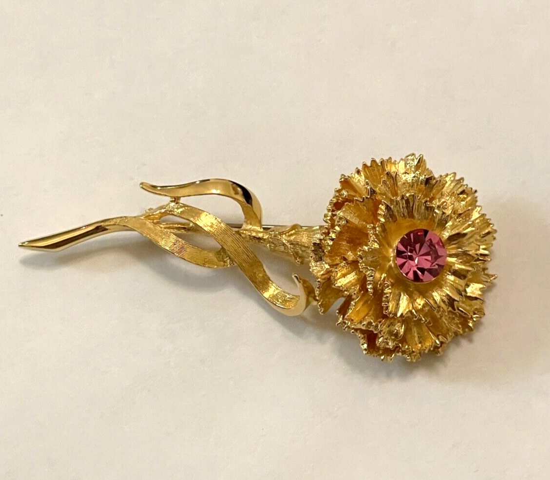 Vintage Gold Plated Flower Brooch or Pin With Pink Stone Center 3 ...