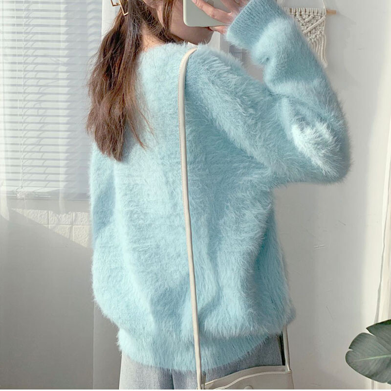 Women Faux Mohair Fur Knitted Top Pullover Sweater Jumper Blouse V-neck ...