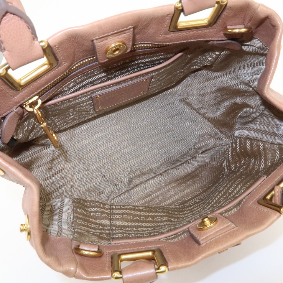 Authentic PRADA Leather Ribbon 2Way Hand Bag Shoulder Bag Beige BN2245 ...