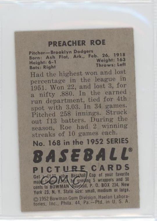 1952 Bowman Preacher Roe #168 | eBay