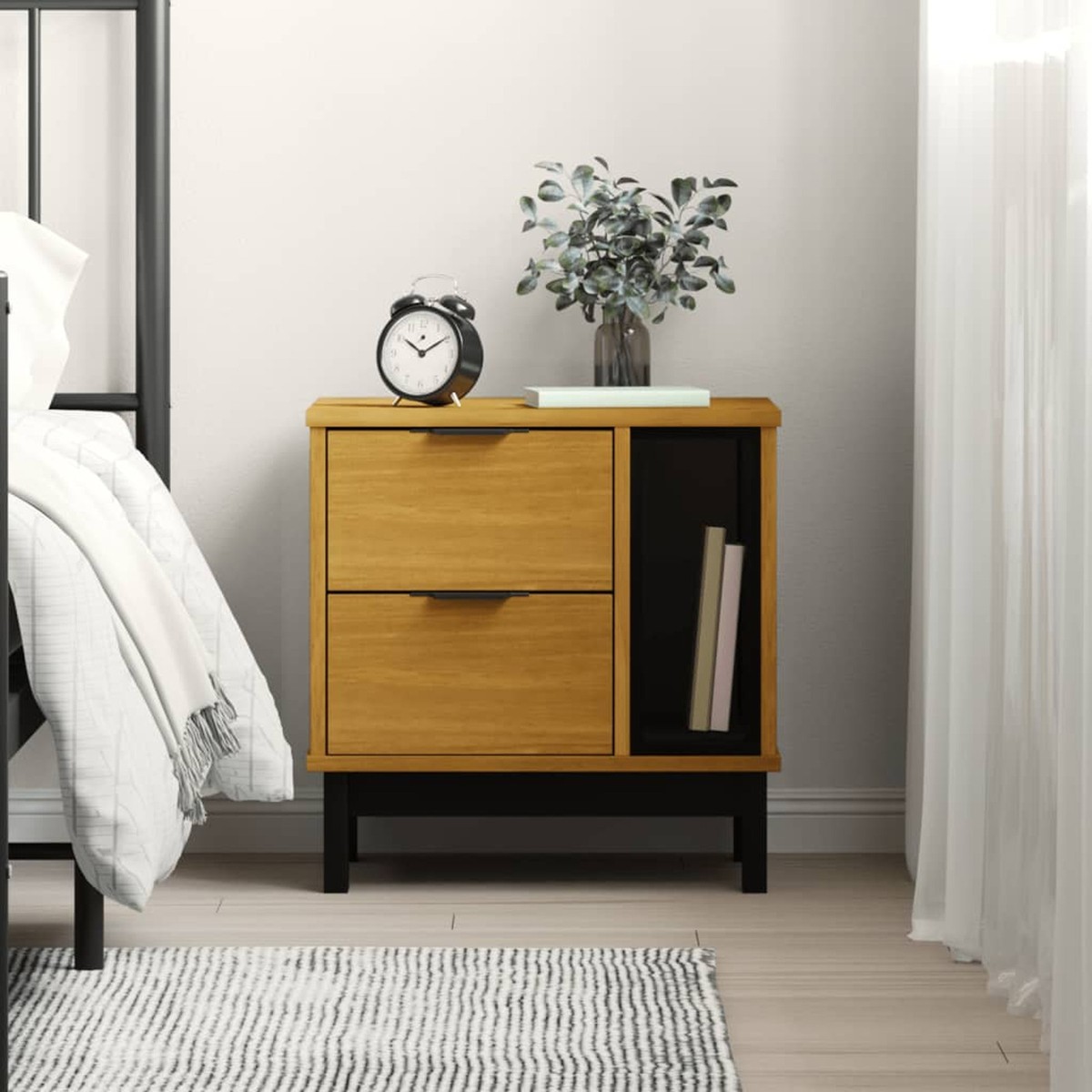 Solid Pine Wood Bedside Cabinet FLAM Brown Nightstand with Drawers and O7A1 eBay