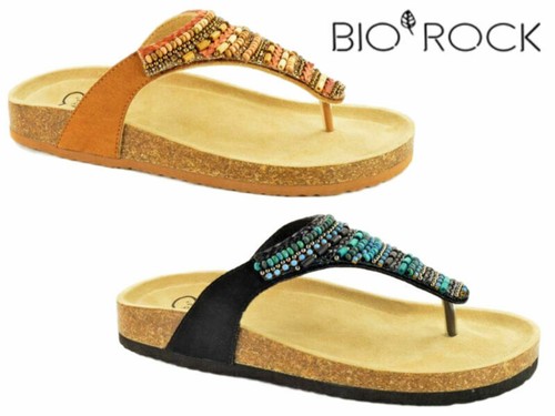 Ladies Summer Footbed Sandals Bio Rock Beaded Boho Toe Post Beach Flip ...