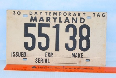 ~ Vintage 1967 Maryland State "Temporary Heavy Cardboard Licence Tag ...