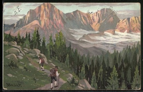 Künstler-AK Alfred Mailick: Männer bei einer Wanderung im Gebirge 1903 ...