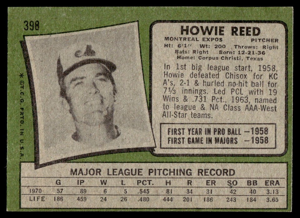 1971 Topps #398 Howie Reed BASEBALL Montreal Expos | eBay