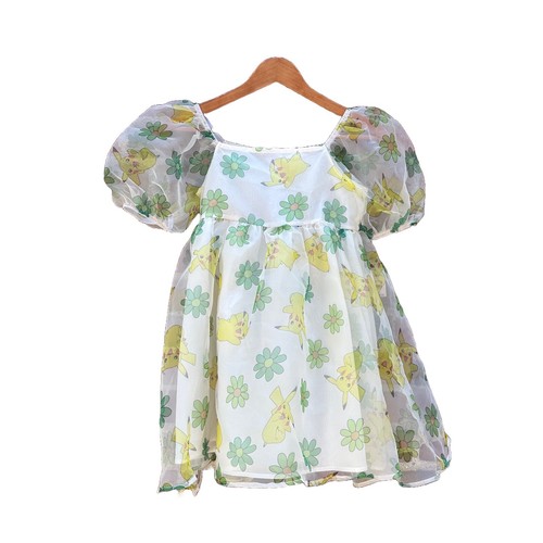 Pokemon Pikachu Dress Green Flowers Target Girl XL (14) Puff Sleeve ...