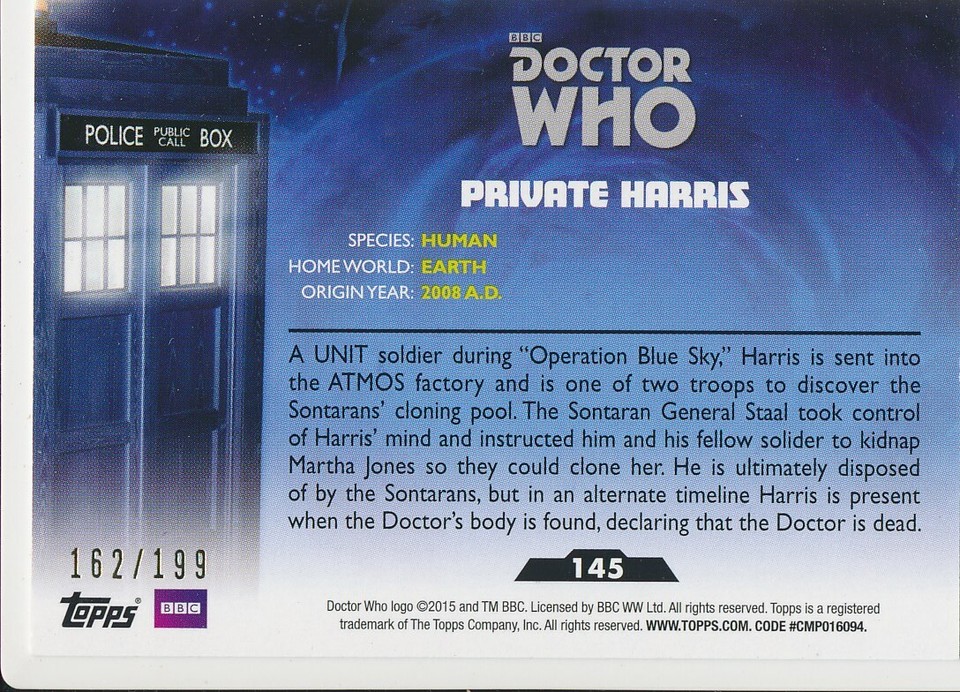 #145 PRIVATE HARRIS 2015 Topps Doctor Who PURPLE FOIL 162/199 CLIVE ...