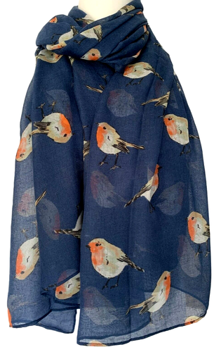 Robin Scarf Navy Blue Bird Print Ladies Red Robins Birds Wrap Womens ...