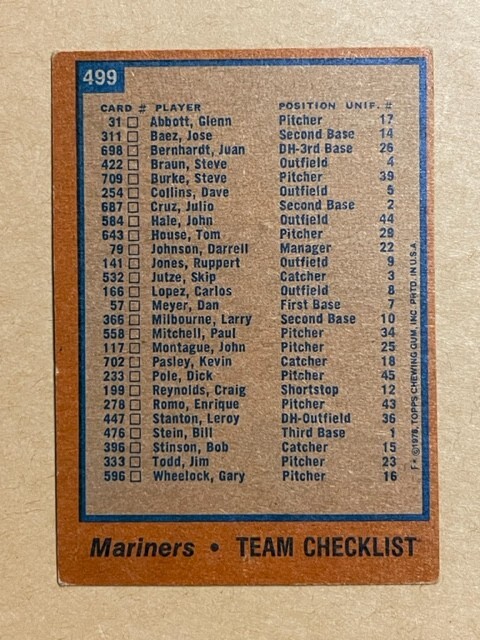 Vintage baseball ~ 1978 Topps team checklist card #499 ~ Seattle ...