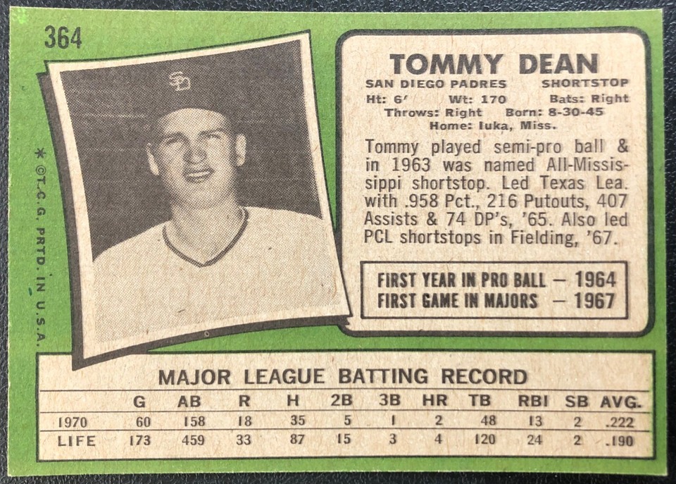 TOMMY DEAN 1971 TOPPS VINTAGE BASEBALL CARD #364 PADRES | eBay