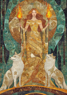 Hecate Art Print Pagan Goddess Wolves Gold Flame Spiritual Occult ...