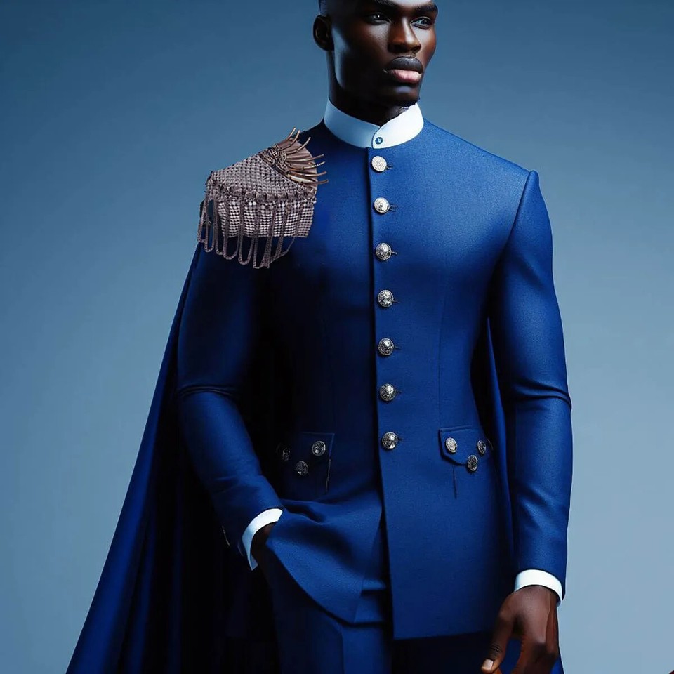 Navy Blue Men's Suit with Cape Brooch 2Pcs Formal Wedding Groom Tuxedo ...