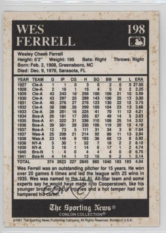 1991 The Sporting News Conlon Collection Wes Ferrell #198 | eBay