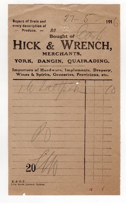 Hick & Wrench York Dangin Quairading, WA 1916. Invoice York | eBay