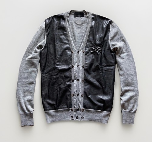 PHILIPP PLEIN⚡️Leather skull embossed Merino wool cardigan sweater size ...