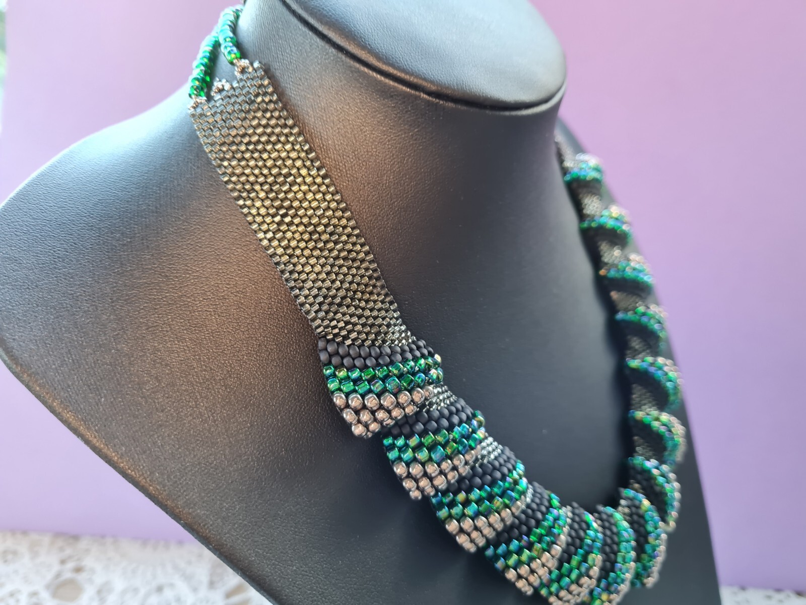 Flat Cellini Wave Stitch Glam Boho Necklace Emerald Green Japanese Seed ...