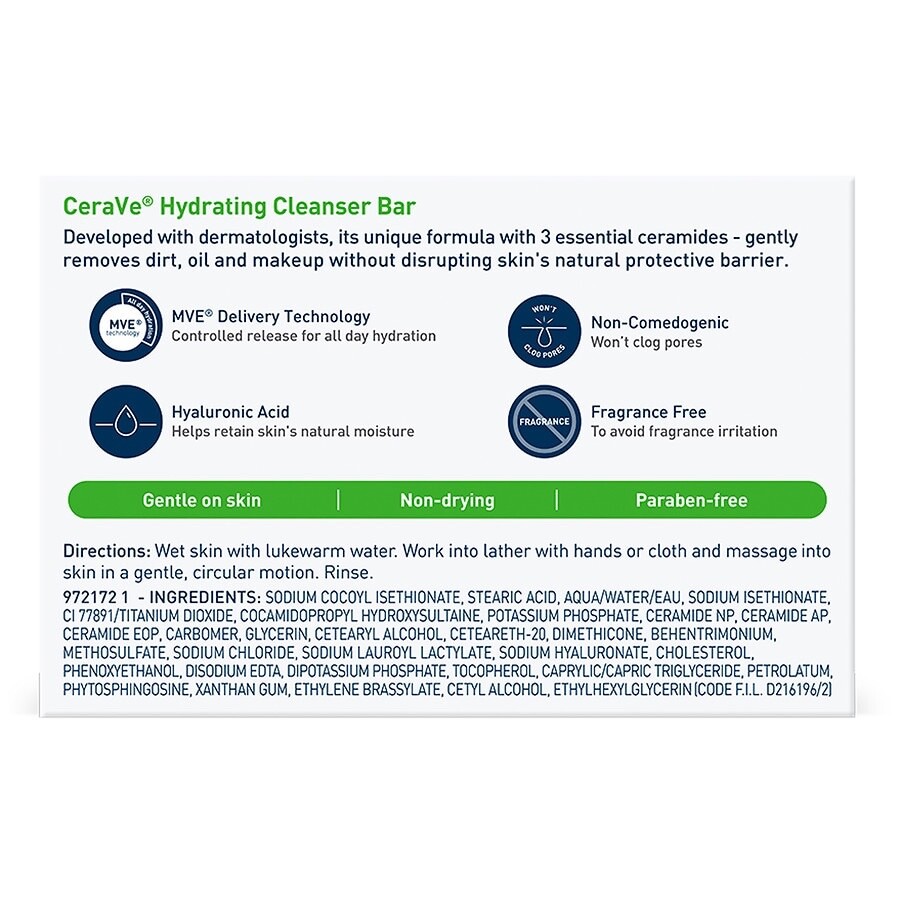 CeraVe Hydrating Cleanser Bar, Soap-Free Body 3-Pack, 4.5 Ounce Each ...