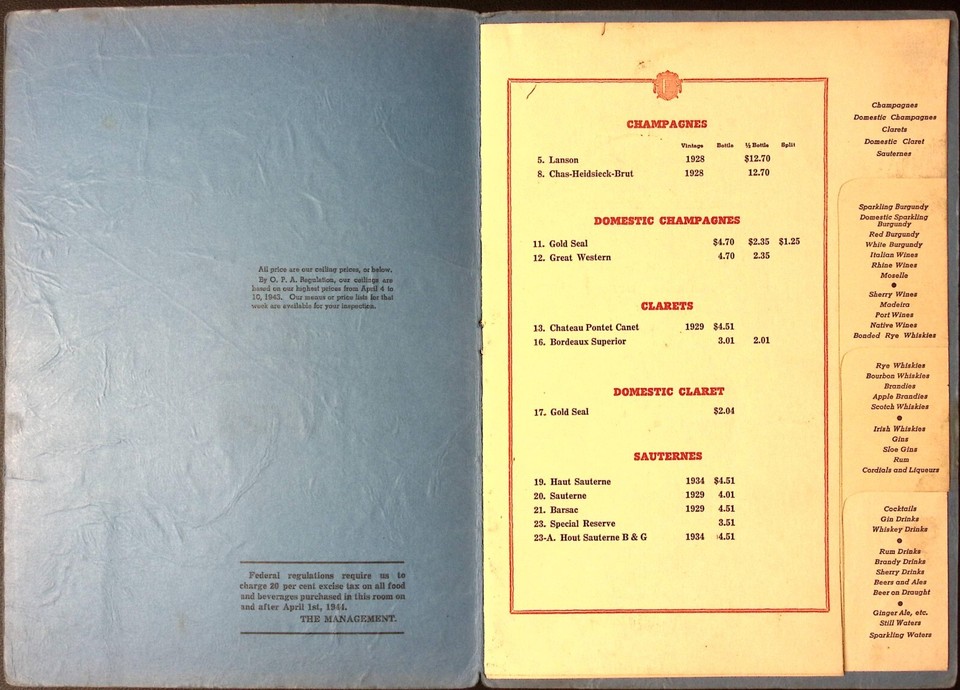 1944 The Emperor Hotel Chesapeake Lounge Wine List Menu | eBay